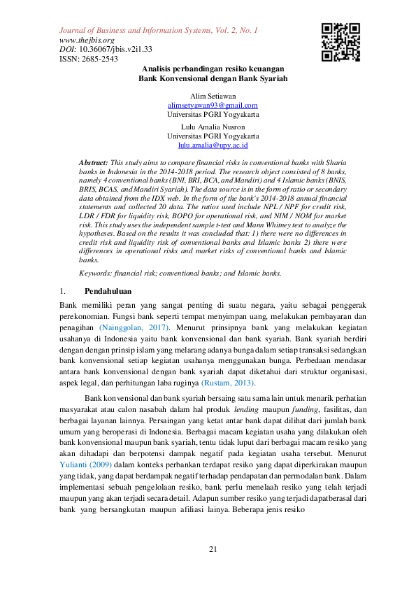 (PDF) Analisis Perbandingan Risiko Keuangan Bank Konvensional dengan Bank Syariah