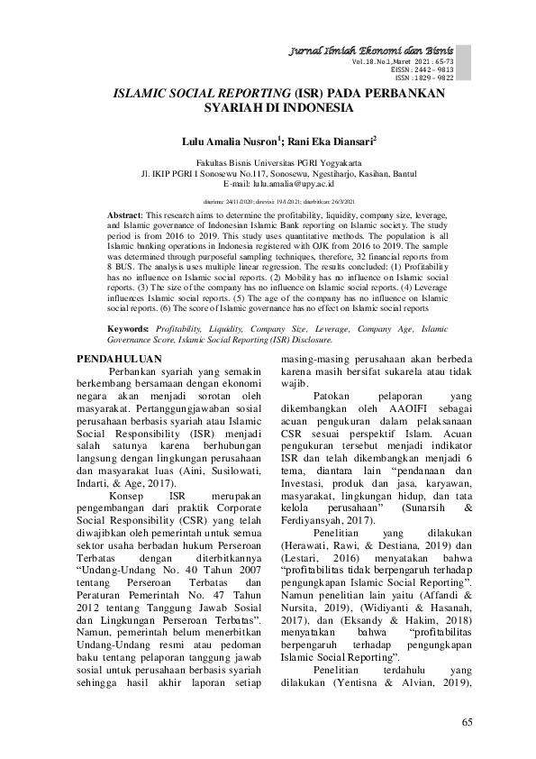 (PDF) Islamic Social Reporting (Isr) Pada Perbankan Syariah DI Indonesia