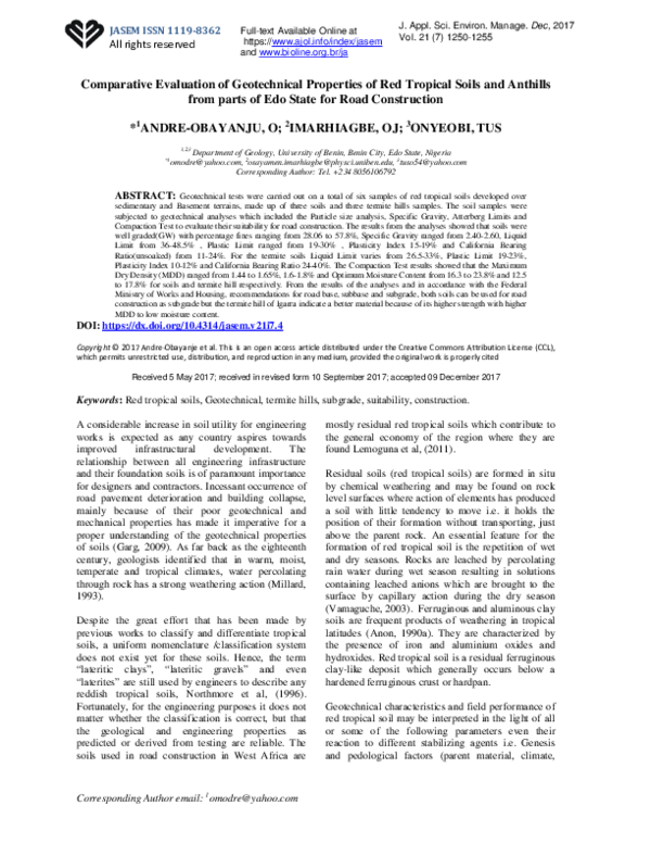 (PDF) Comparative evaluation of geotechnical properties of red tropical soils and anthills from ...