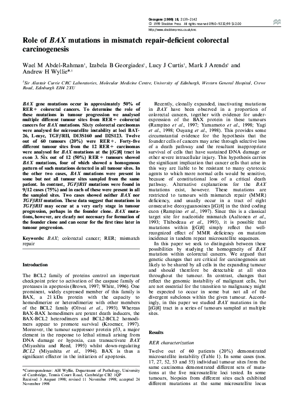 (PDF) Role of BAX mutations in mismatch repair-deficient colorectal ...