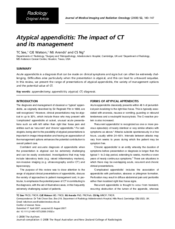 (PDF) Atypical appendicitis: The impact of CT and its management
