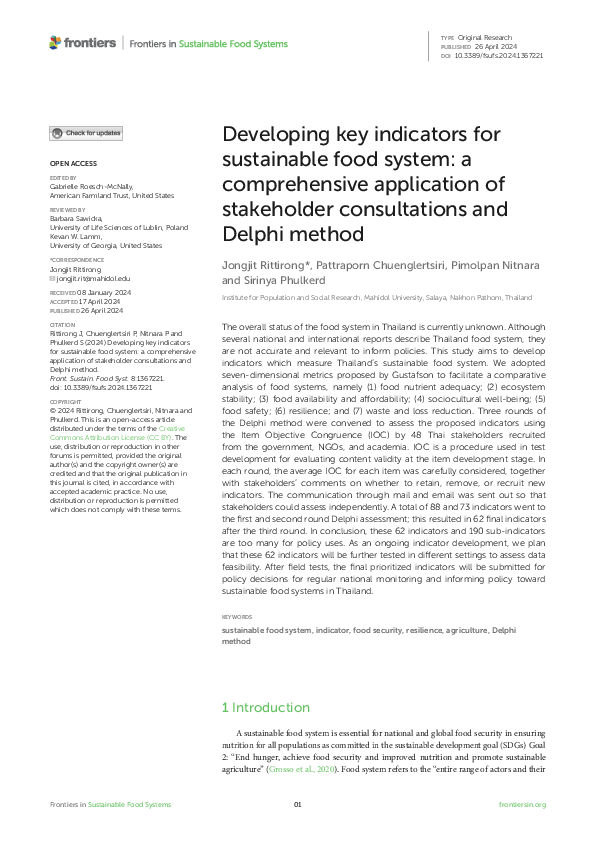 (PDF) Developing key indicators for sustainable food system: a comprehensive application of ...