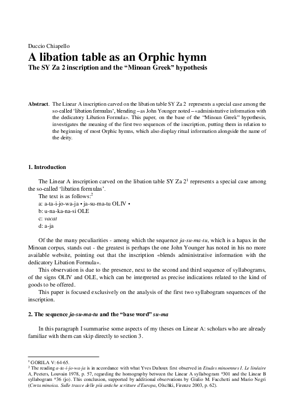 (PDF) A libation table as an Orphic hymn. The SY Za 2 inscription and the “Minoan Greek” hypothesis