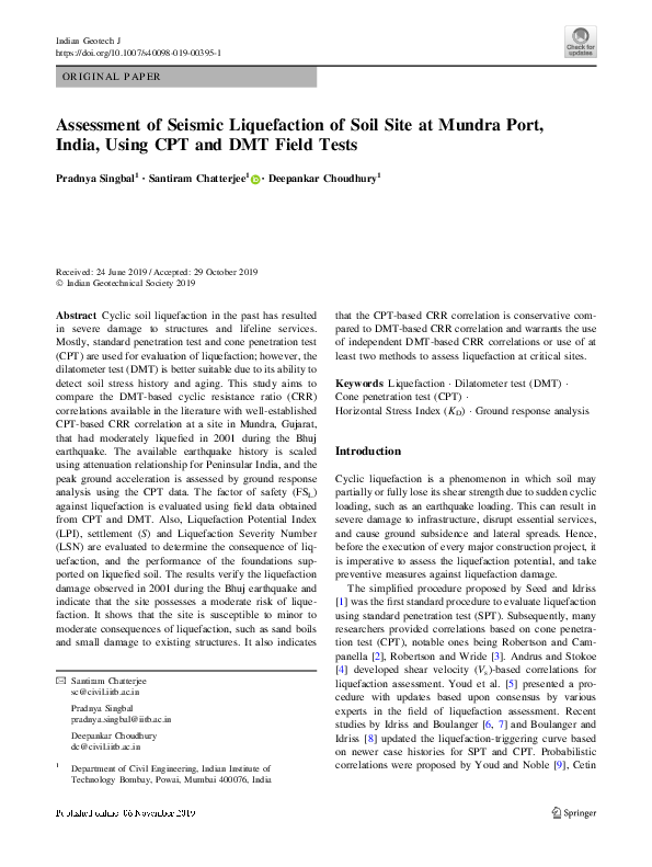 (PDF) Assessment of Seismic Liquefaction of Soil Site at Mundra Port, India, Using CPT and DMT ...