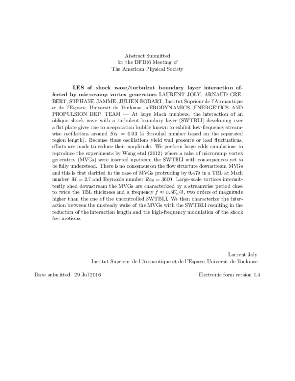 (PDF) LES of shock wave/turbulent boundary layer interaction affected ...