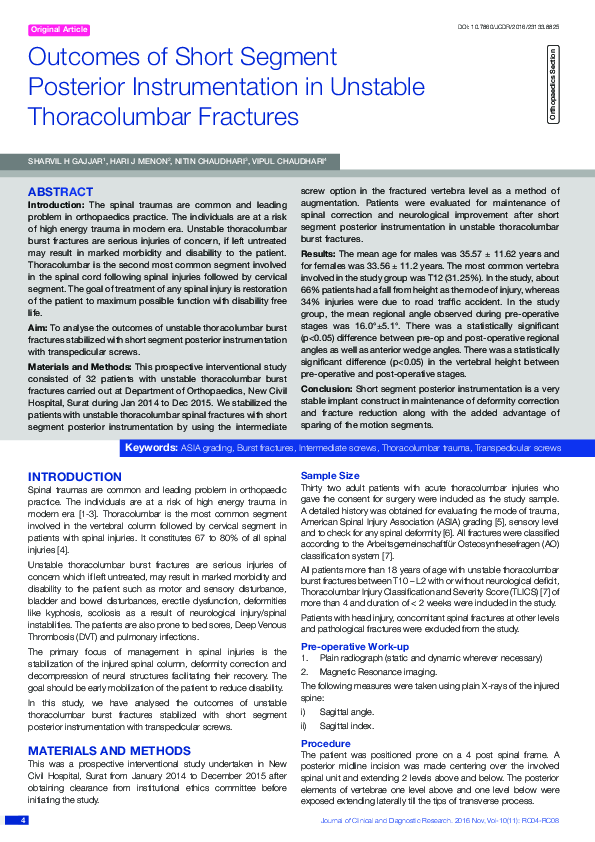 (PDF) Outcomes of Short Segment Posterior Instrumentation in Unstable ...