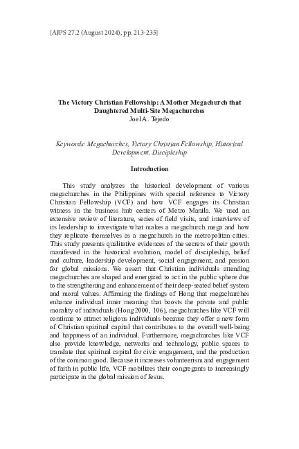 (PDF) The Victory Christian Fellowship: A Mother Megachurch that ...