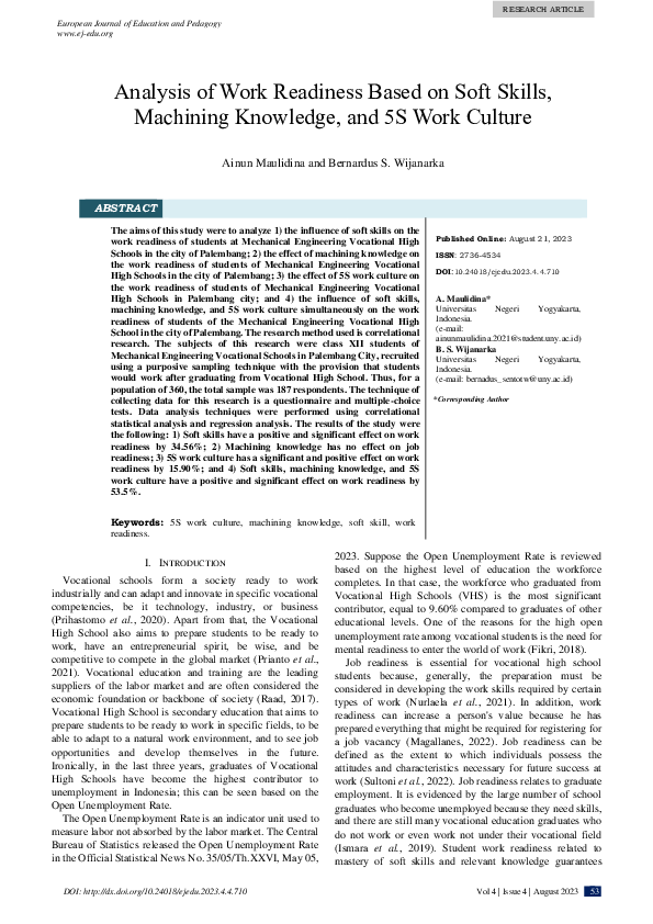 (PDF) Analysis of Work Readiness Based on Soft Skills, Machining ...