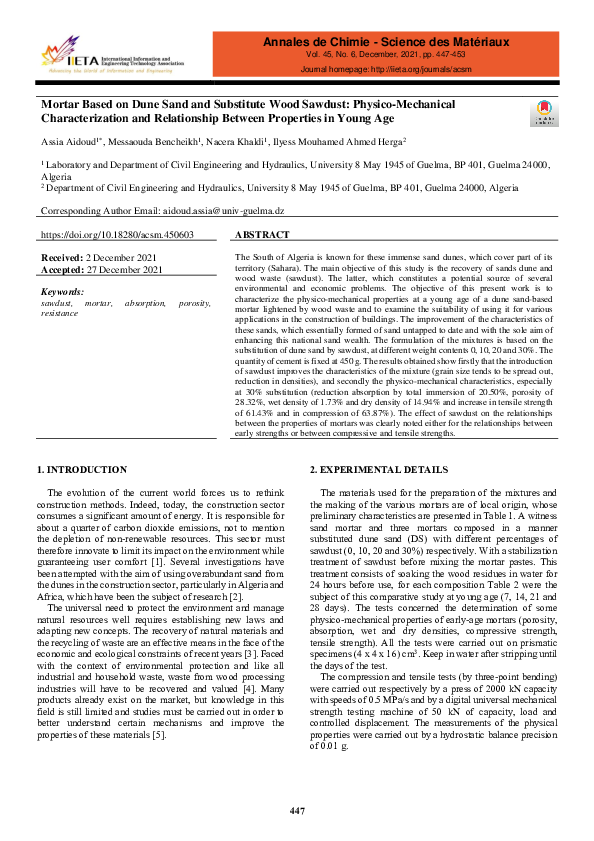 (PDF) Mortar Based on Dune Sand and Substitute Wood Sawdust: Physico-Mechanical Characterization ...