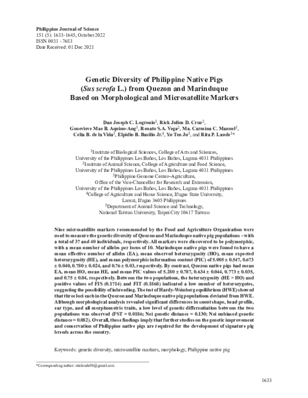 (PDF) Genetic Diversity of Philippine Native Pigs (Sus scrofa L.) from ...