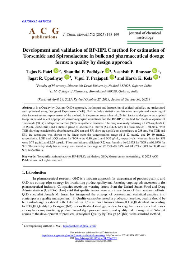 (PDF) Development and validation of RP-HPLC method for estimation of Torsemide and ...