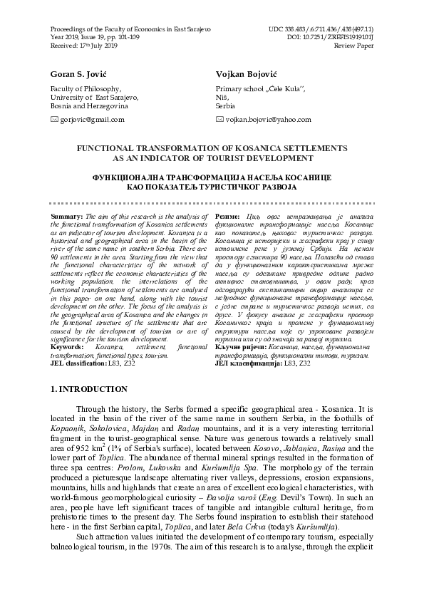 (PDF) Functional Transformation of Kosanica Settlements as an Indicator of Tourist Development