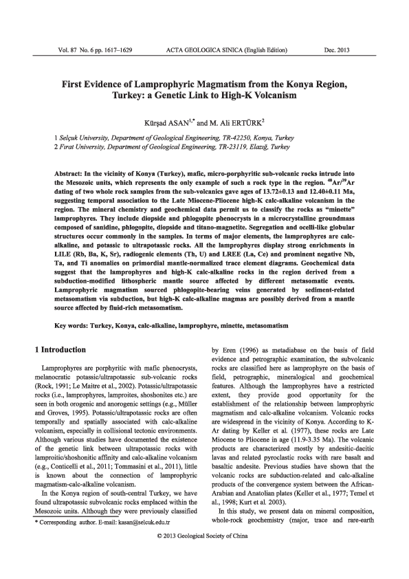 (PDF) First Evidence of Lamprophyric Magmatism from the Konya Region ...