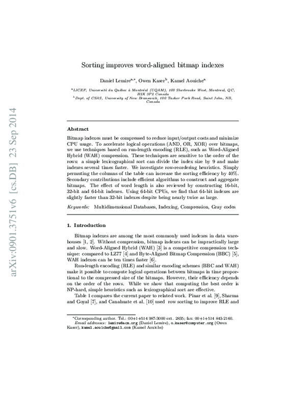 (PDF) Sorting improves word-aligned bitmap indexes