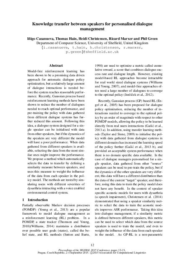 (PDF) Knowledge transfer between speakers for personalised dialogue management