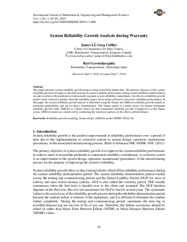 (PDF) System Reliability Growth Analysis during Warranty | ravi govindarajulu - Academia.edu