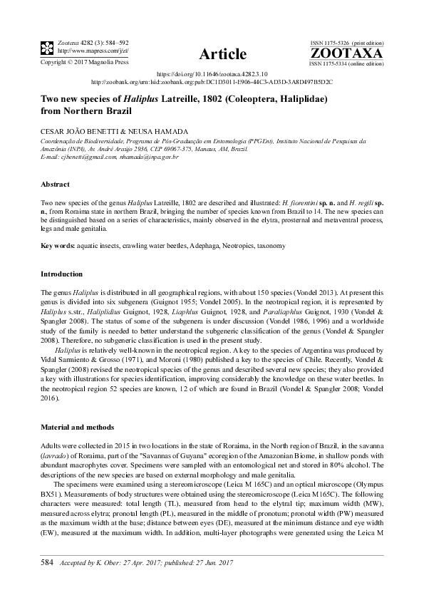 (PDF) Two new species of Haliplus Latreille, 1802 (Coleoptera ...