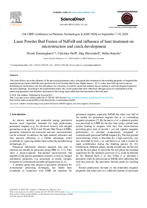 (PDF) Laser Powder Bed Fusion of NdFeB and influence of heat treatment on microstructure and ...