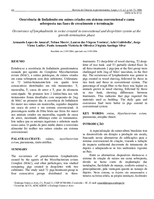 (PDF) Occurrence of lymphadenitis in swine created in conventional and ...