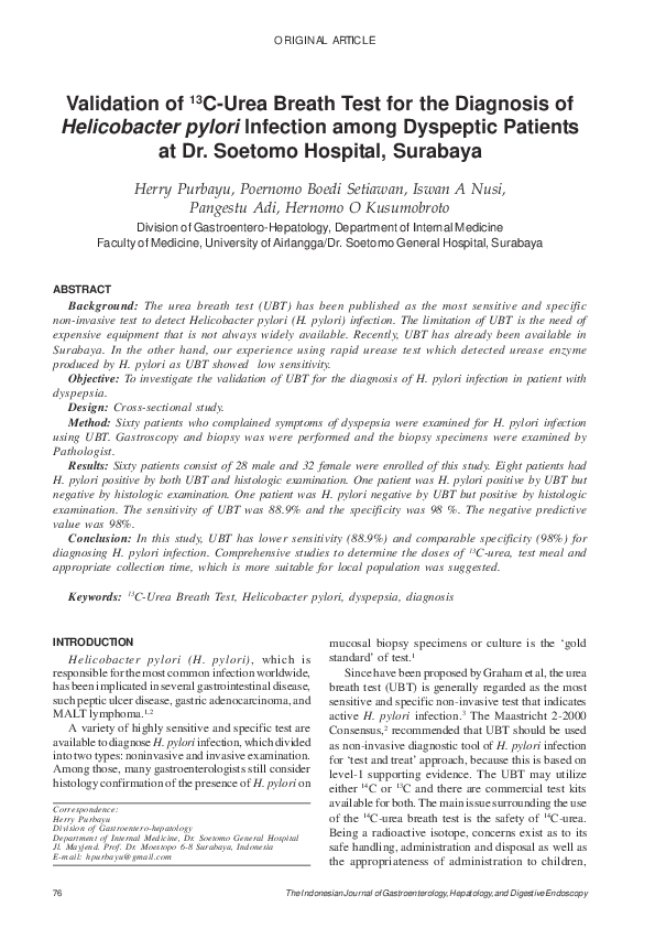 (PDF) Validation of 13C-urea Breath Test for the Diagnosis of ...