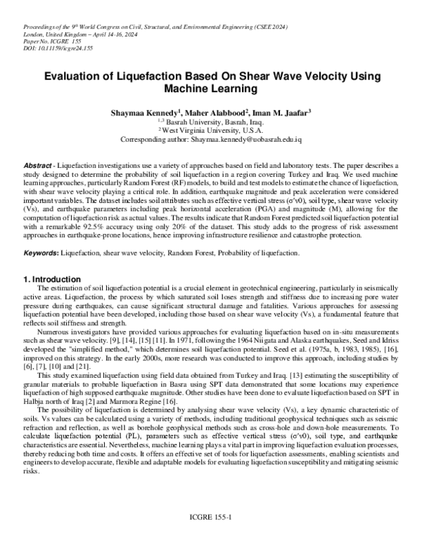 (PDF) Evaluating seismic liquefaction potential using shear wave velocity using machine learning