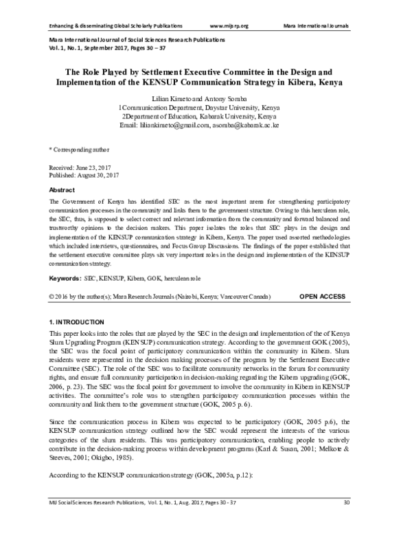 (PDF) The Role Played by Settlement Executive Committee in the Design ...