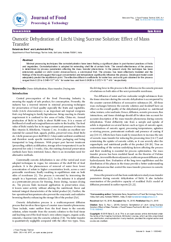 (PDF) Osmotic Dehydration of Litchi Using Sucrose Solution: Effect of Mass Transfer ...
