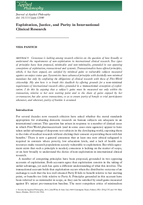 (PDF) Exploitation, Justice, and Parity in International Clinical Research