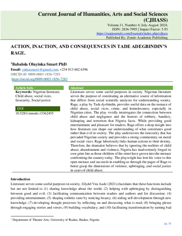 (PDF) Action, Inaction, and Consequences in Tade Adegbindin’s Rage ...