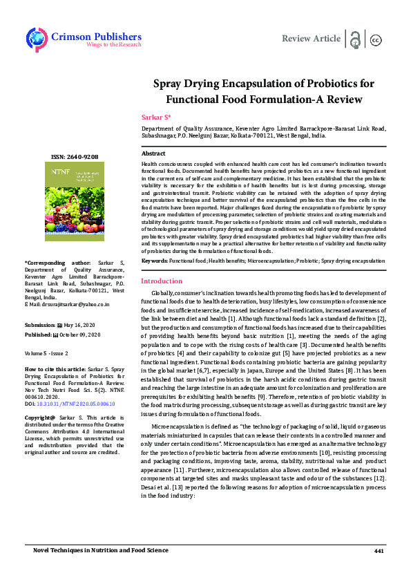 (PDF) Spray Drying Encapsulation of Probiotics for Functional Food ...