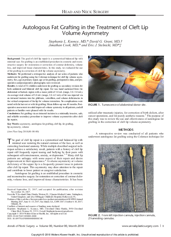 (PDF) Autologous Fat Grafting in the Treatment of Cleft Lip Volume ...