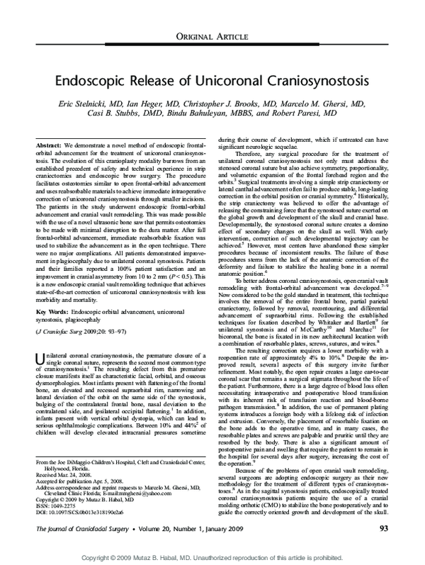 (PDF) Endoscopic Release of Unicoronal Craniosynostosis | Eric Stelnicki - Academia.edu