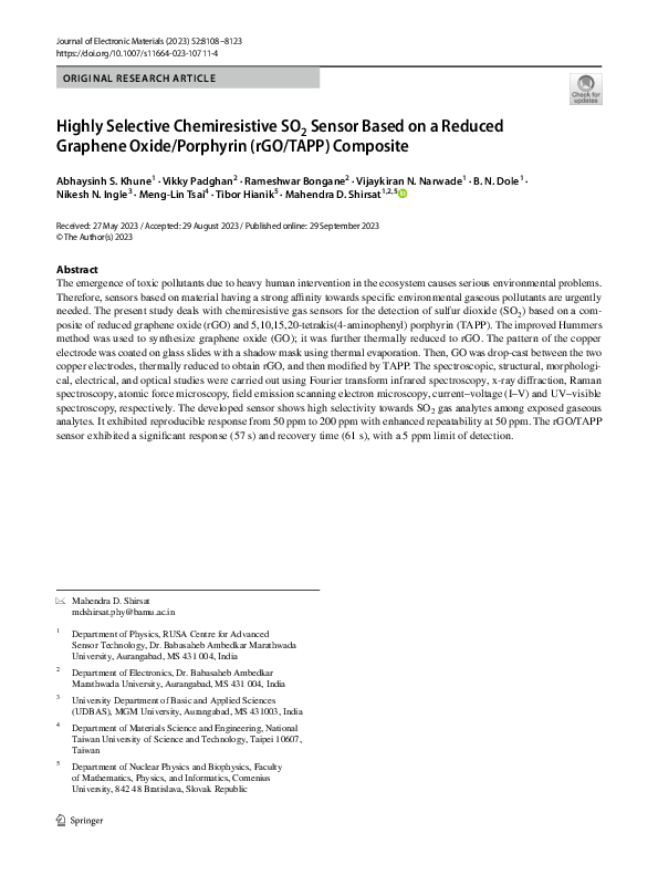 (PDF) Highly Selective Chemiresistive SO2 Sensor Based on a Reduced Graphene Oxide/Porphyrin ...