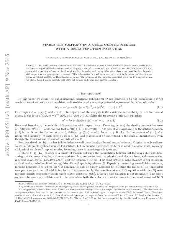 (PDF) Stable NLS solitons in a cubic–quintic medium with a delta-function potential