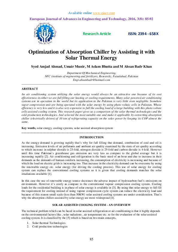 (PDF) Optimization of Absorption Chiller by Assisting it with Solar Thermal Energy