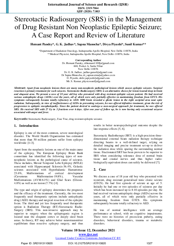 (PDF) Stereotactic Radiosurgery (SRS) in the Management of Drug Resistant Non Neoplastic ...
