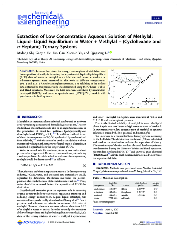 (PDF) Liquid-Liquid Equilibrium of Methylal Solutions