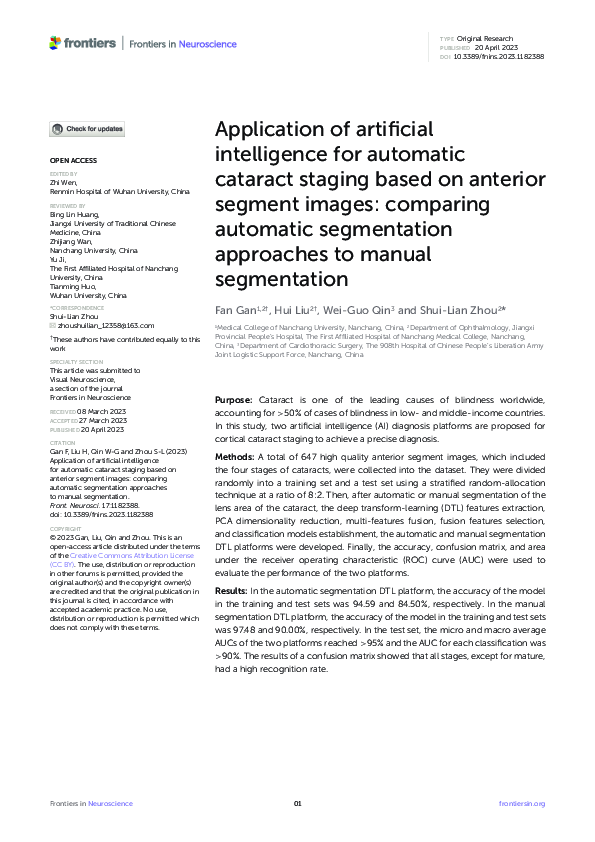 (PDF) Application of artificial intelligence for automatic cataract staging based on anterior ...