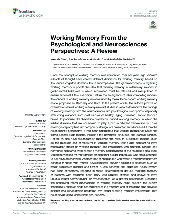 (PDF) Working Memory From the Psychological and Neurosciences Perspectives: A Review