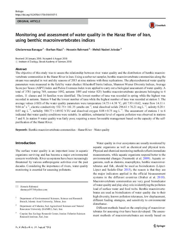 (PDF) Monitoring and assessment of water quality in the Haraz River of ...