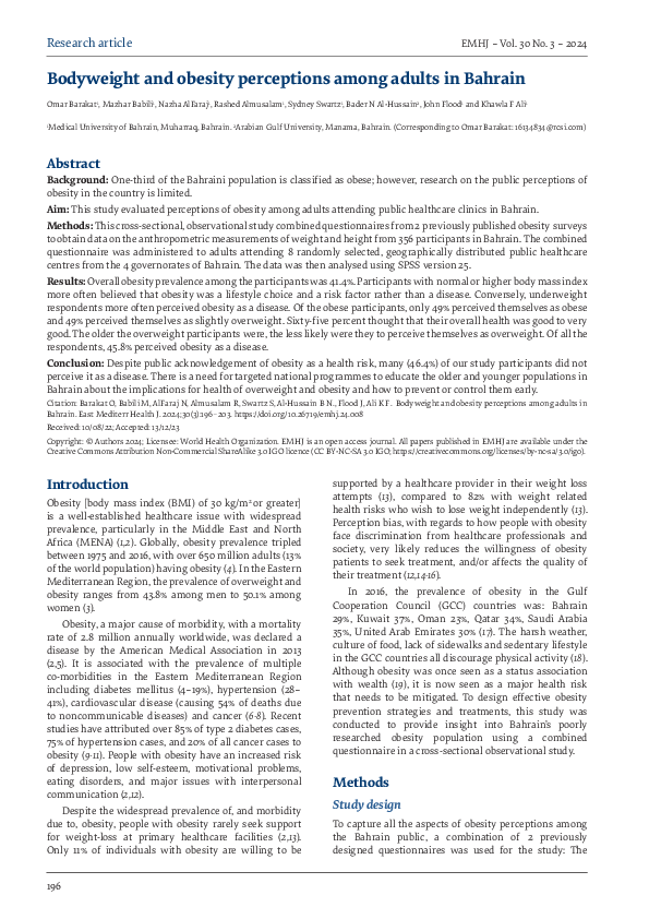 (PDF) Bodyweight and obesity perceptions among adults in Bahrain