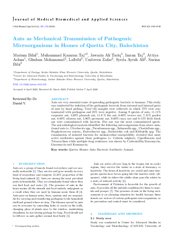(PDF) Ants as Mechanical Transmission of Pathogenic Microorganisms in Homes of Quetta city ...