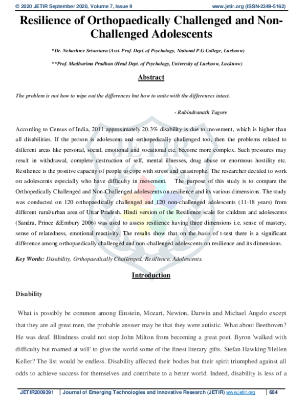 (PDF) Resilience of Orthopaedically Challenged and Non-Challenged ...