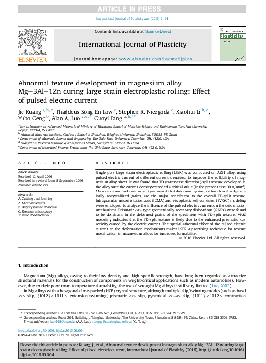 (PDF) Abnormal texture development in magnesium alloy Mg–3Al–1Zn during ...