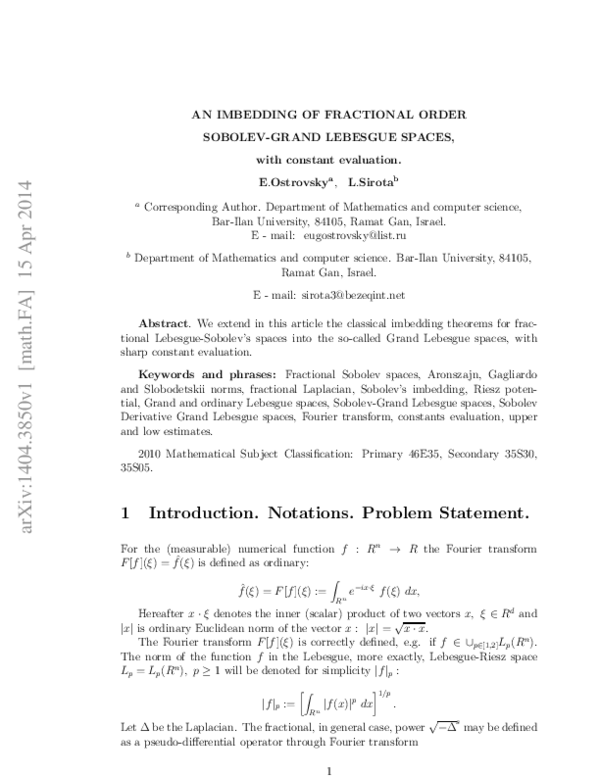 Pdf An Imbedding Of Fractional Order Sobolev Grand Lebesgue Spaces With Constant Evaluation