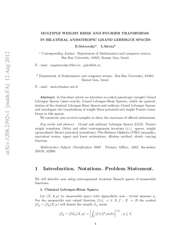 (PDF) Multiple weight Riesz and Fourier transforms in bilateral anisotropic Grand Lebesgue spaces