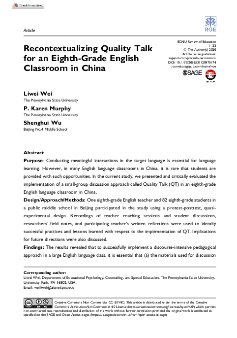 (PDF) Recontextualizing Quality Talk for an Eighth-Grade English ...