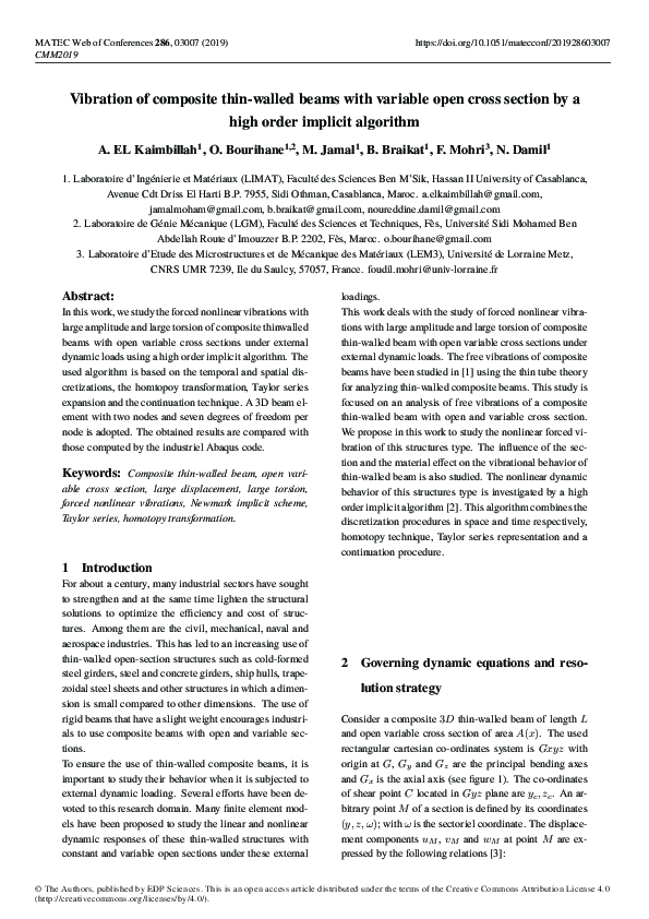 Pdf Vibration Of Composite Thin Walled Beams With Variable Open Cross Section By A High Order