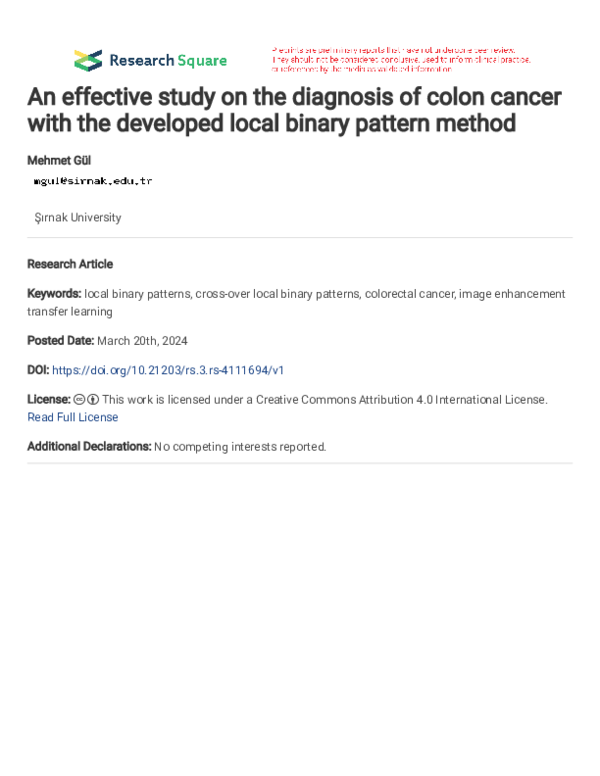 (PDF) An effective study on the diagnosis of colon cancer with the developed local binary ...
