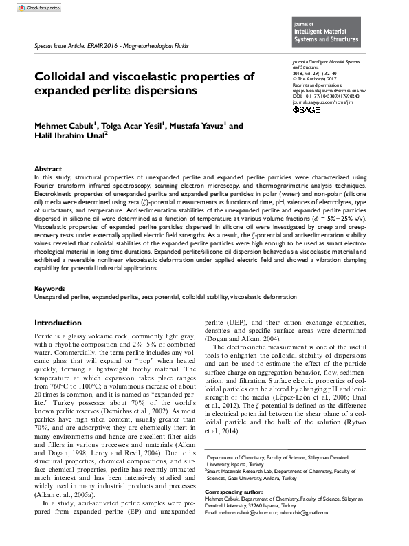 (PDF) Colloidal and viscoelastic properties of expanded perlite dispersions